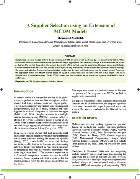 pdf a supplier selection using an extension of mcdm models