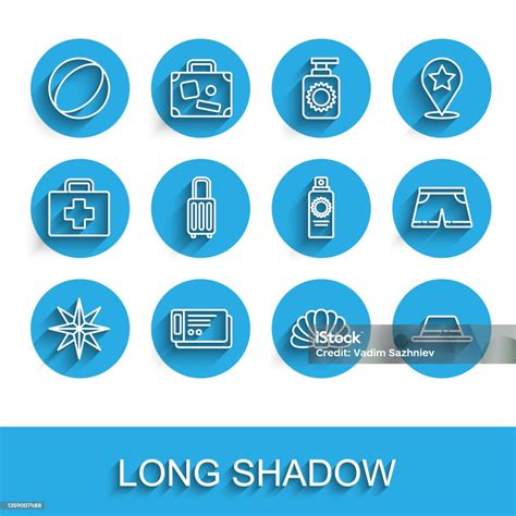 세트 라인 바람 장미 여행 티켓 비치 볼 가리비 바다 껍질 리본 남자 모자 가방 수영 트렁크와 선스크린 스프레이 병 아이콘 벡터