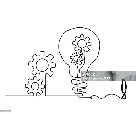 추상 둥근 금속 기어 바퀴는 전구와 느낌표가 흰색 배경에 선 그리기로 표시됩니다 팀워크의 개념 0명에 대한 스톡 벡터 아트 및 기타 이미지 Istock