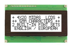MC42005A6WK FPTLW V2 MIDAS DISPLAYS Alphanumeric LCD 20 X 4 Black On White Newark Electronics