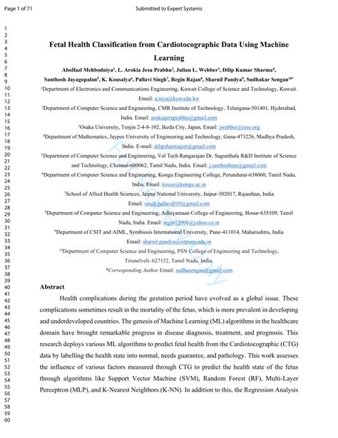 Pdf Fetal Health Classification From Cardiotocographic Data Using Machine Learning