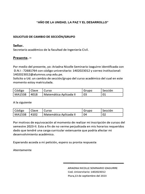 Carta De Solicitud De Cambio Pdf