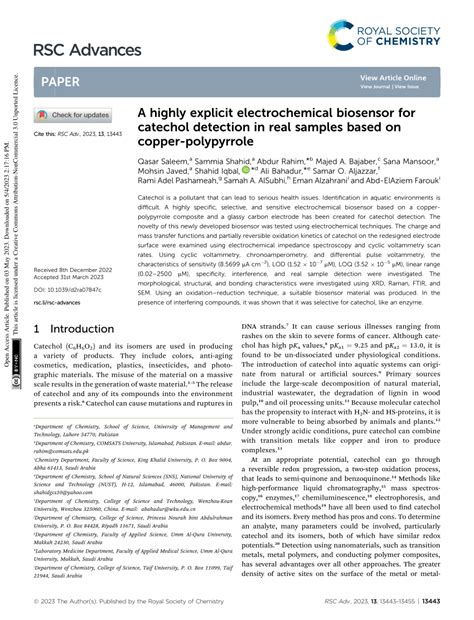 Pdf A Highly Explicit Electrochemical Biosensor For Catechol Detection In Real Samples Based