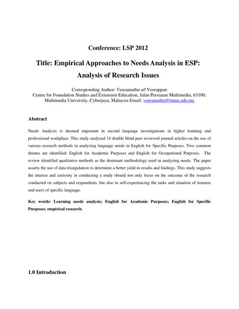 Pdf Empirical Approaches To Needs Analysis In Esp Analysis Of Research Issues