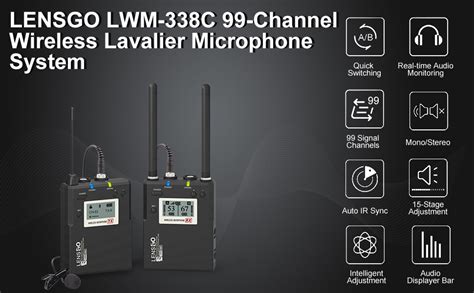 LENSGO LWM 338C Wireless Lavalier Microphone System 99 Channel UHF Full Metal Professional