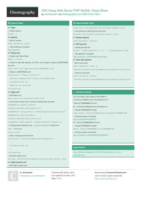Osx Setup Web Server Php Mysql Cheat Sheet By Dockawash 3 Pages Programming Php Apache