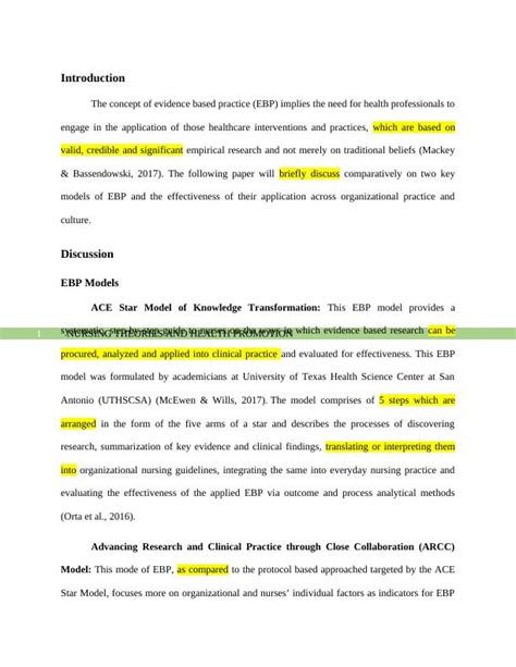 Nursing Evidence Based Practice Models And Health Promotion