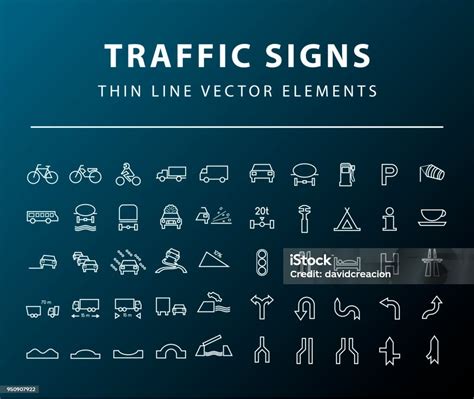 어두운 배경에 50 고품질 보편적인 표준 최소한의 간단한 하얀 얇은 선 교통 표지판 아이콘 세트 도로에 대한 스톡 벡터 아트 및 기타 이미지 Istock