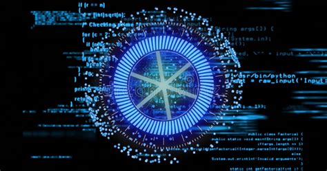 Digital Data Processing Image Over Blue Circular Interface With Coding Background Stock