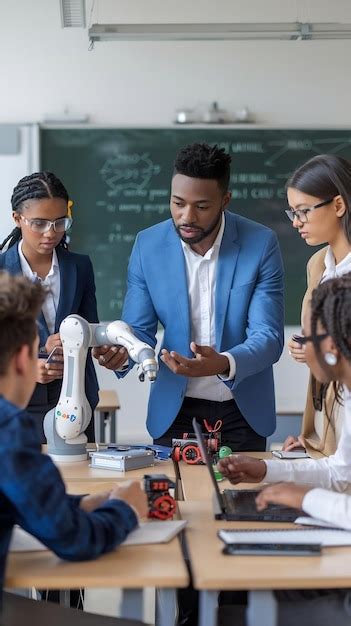 University Robotics Class Black Teacher Explaining Engineering To