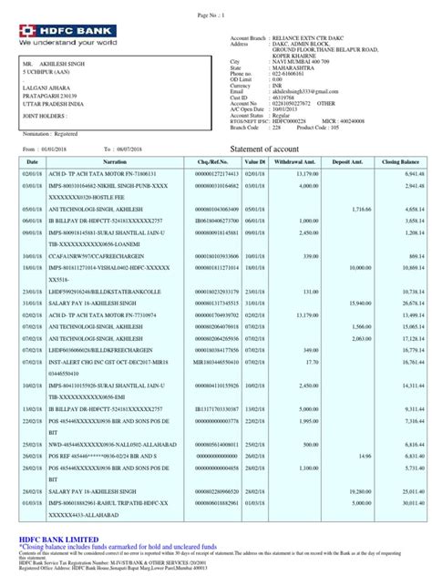 Hdfc Statement Banks Money