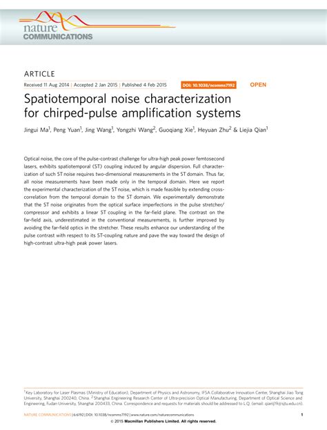Pdf Spatiotemporal Noise Characterization For Chirped Pulse Amplification Systems