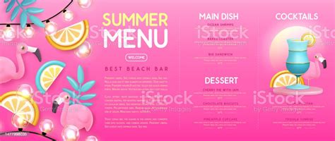3d 플라스틱 칵테일 열대 과일 및 플라밍고가 있는 레스토랑 여름 메뉴 디자인 벡터 그림 강단에 대한 스톡 벡터 아트 및 기타 이미지 Istock