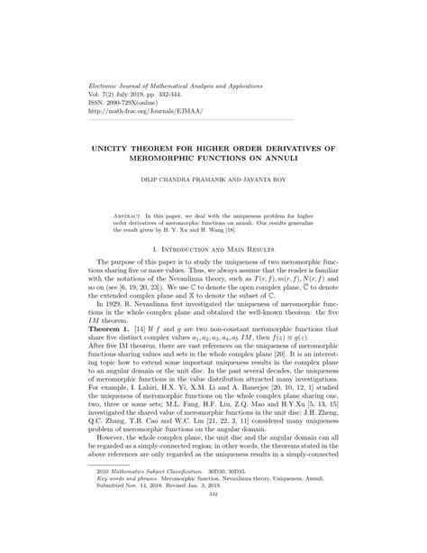 Pdf Unicity Theorem For Higher Order Derivatives Of Meromorphic Functions On Annuli