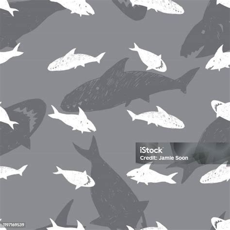 벡터 회색 흑백 간단한 귀여운 상어 펜 스케치 그림자 배경 반복 패턴입니다 직물 스크랩 북 및 벽지 프로젝트에 대한 현 개체