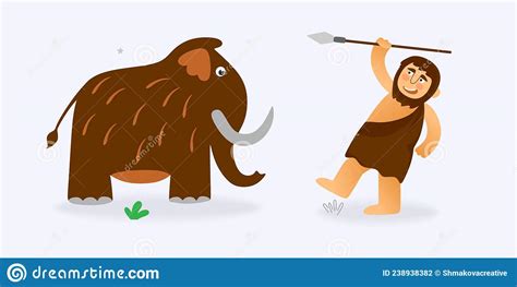 Ein Primitiver Mann Jagt Einen Mammut In Einem Handgezeichneten Cartoon Stil Vektorgrafik