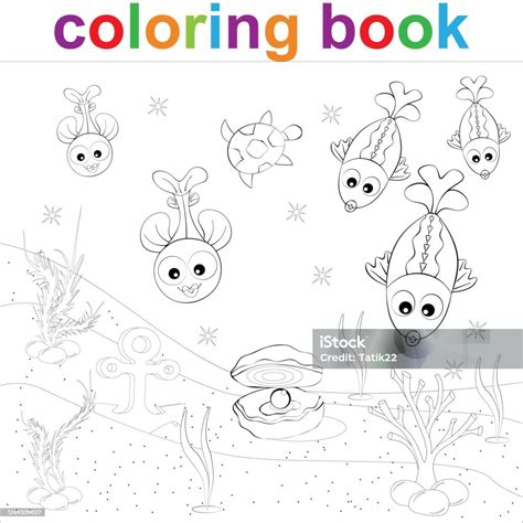 만화 거북이 물고기와 진주색칠 페이지 템플릿 바다 생물을 착색 어린이용 0명에 대한 스톡 벡터 아트 및 기타 이미지 0명