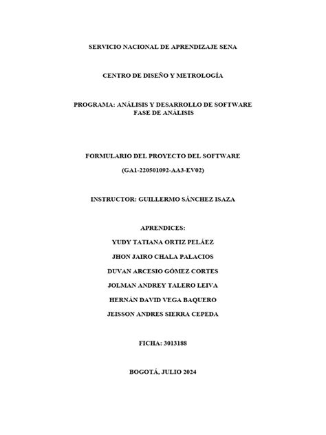 Ga1 220501092 Aa3 Ev02 Formulario Del Proyecto Del Software 2 Pdf Software Información
