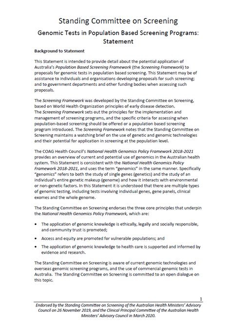 Genomic Tests In Population Based Screening Programs Position Statement Australian