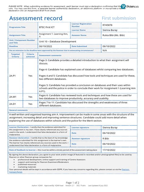 A1 Btec Assessment Record Template 23 Sb Pdf