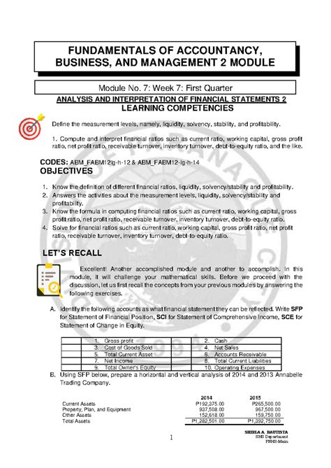 2 Financial Ratios 1 Shiela A Bautista Shs Department Analysis And