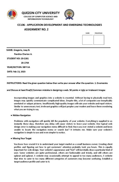 CC Midterm Assignment Docx QUEZON CITY UNIVERSITY COLLEGE OF COMPUTER SCIENCE AND