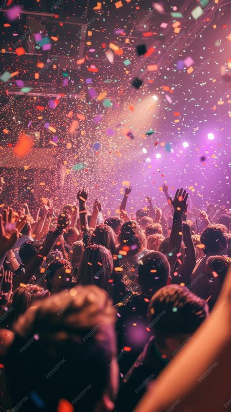Crowd Of People Celebrating With Confetti Falling From Above Premium