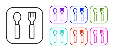 검은 선 포크와 숟가락 아이콘은 흰색 배경에 분리되어 있습니다 조리기구 칼 붙이 기호입니다 아이콘을 화려하게 설정합니다 벡터