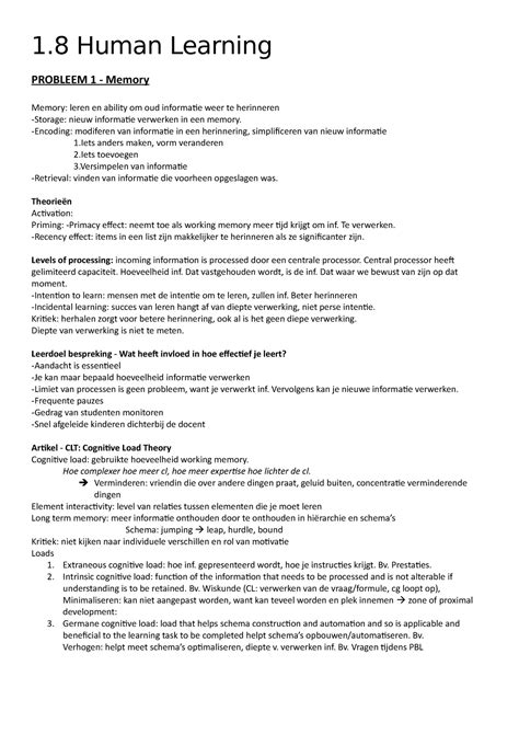 18 Human Learning Articles Lectures 1 Human Learning Probleem 1 Memory Memory Leren En