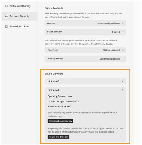 saved browser section in settings security · issue 847 · chainsafe