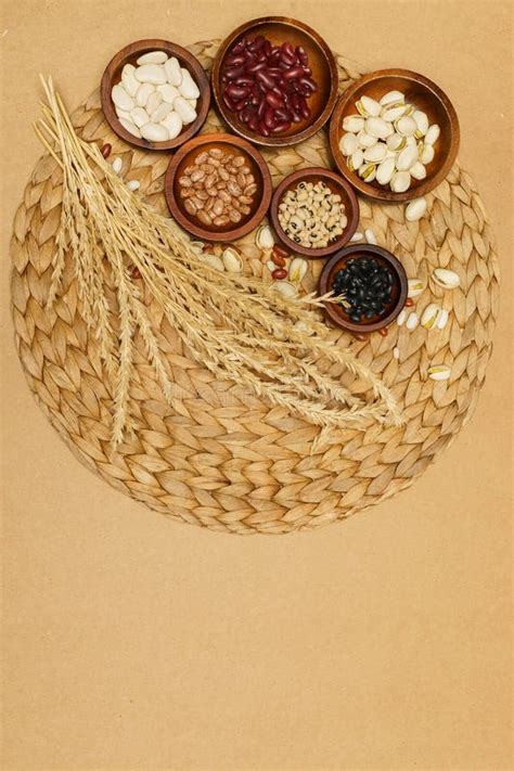 Flat Lay Of Healthy Grains Concept Wheat And Various Grains In Wooden