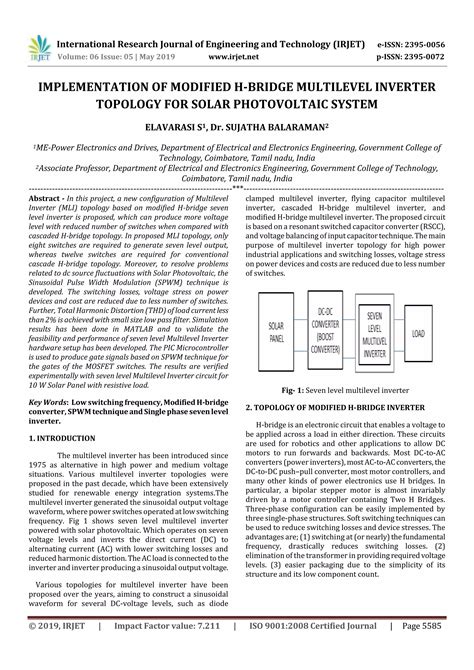 Irjet Implementation Of Modified H Bridge Multilevel Inverter Topology For Solar Photovoltaic