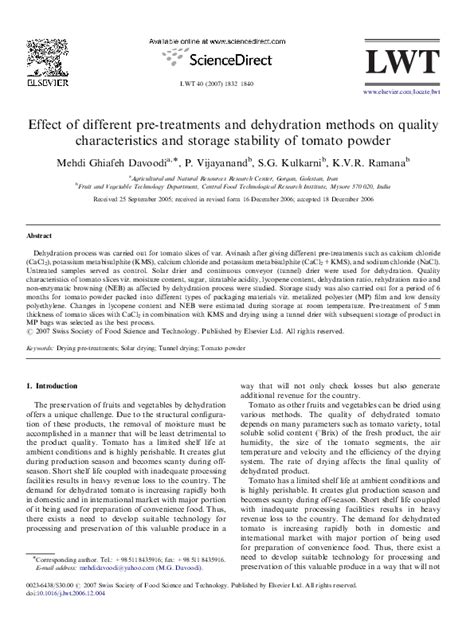 Pdf Effect Of Different Pre Treatments And Dehydration Methods On