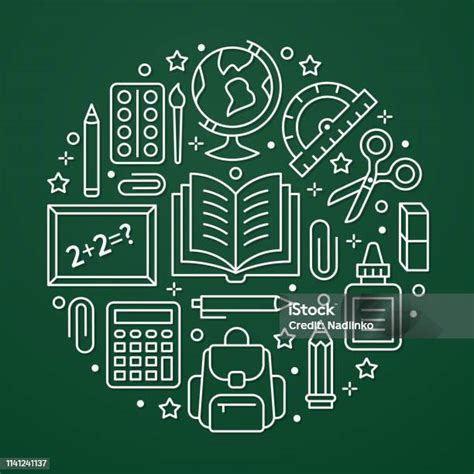 학교 용품 라인 아이콘을 설정 동그라미 템플릿입니다 연구 도구 그린 포스터글로브 계산기 책 연필 가 위 통치자 노트북 벡터