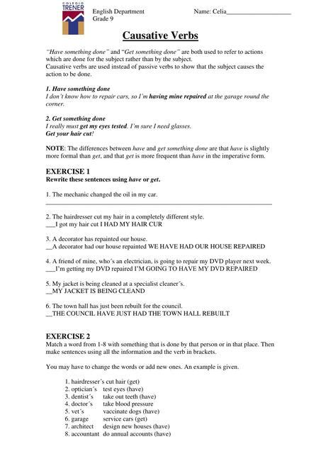 Causative Verbs Exercises Ho Celia Esther Udocz