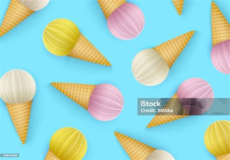 여름 아이스크림 콘 배경 3d 펀치 파스텔 스타일 일반 패턴 종이 컷 스타일 최소한의 여름 음식 개념입니다 벡터 일러스트입니다 3차원 형태에 대한 스톡 벡터 아트 및 기타