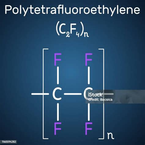 폴리테트라플루오로에틸렌 또는 Ptfe 테프론 중합체 분자 테트라플루오로에틸렌의 합성 불소 중합체입니다 진한 파란색 배경의 구조
