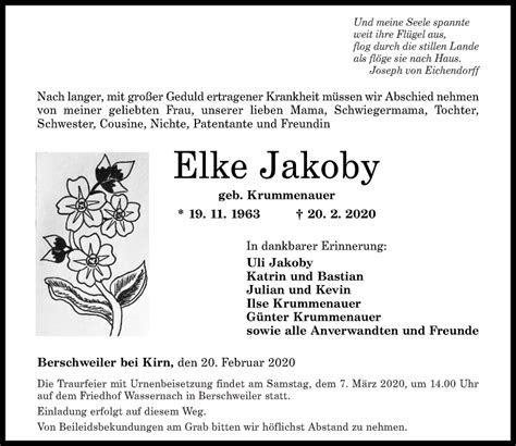 Traueranzeigen Von Elke Jakoby Rz Trauer De