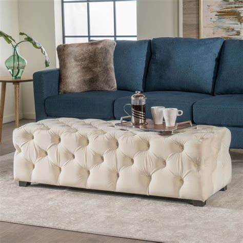 Piper Tufted Velvet Fabric Rectangle Ottoman Bench Ivory Christopher Knight Home Tufted