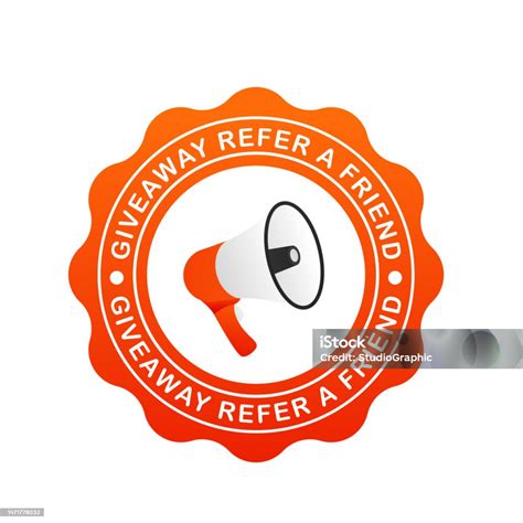 경품 트렌디 한 선형 라벨 로고 개념 라우드 스피커 아이콘이 있는 친구 로고를 참조하십시오 경품 라벨 소셜 미디어에 대한 스탬프 벡터 일러스트레이션 배너 표지판에 대한 스톡