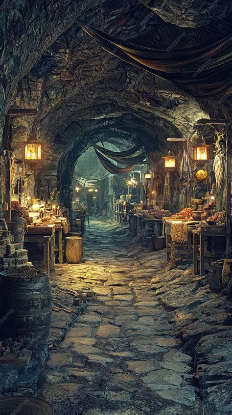 Ancient Underground Marketplace With Worn Stone Pathways Dimly Lit By