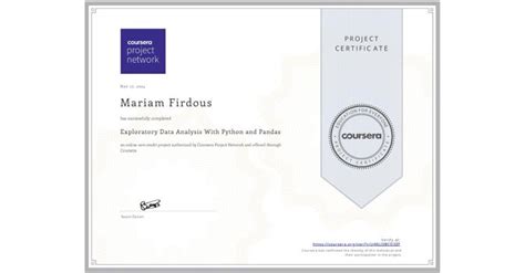 Completion Certificate For Exploratory Data Analysis With Python And Pandas Mariam Firdous
