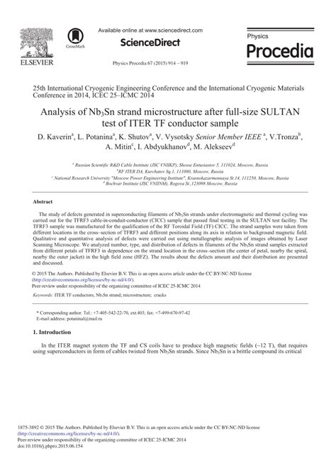 [pdf] Analysis Of Nb3sn Strand Microstructure After Full Size Sultan Test Of Iter Tf Conductor