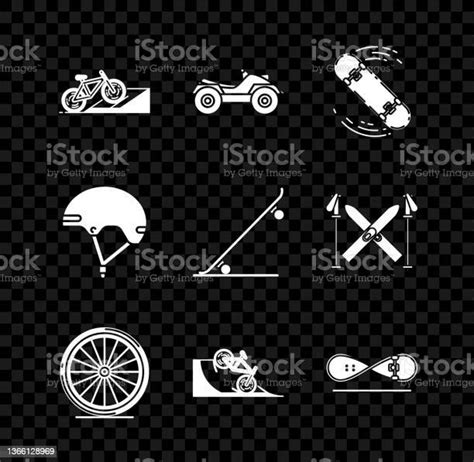 거리 경사로 모든 지형 차량 또는 Atv 오토바이 스케이트 보드 트릭 바퀴 헬멧과 아이콘에 자전거를 설정합니다 벡터 거리에 대한 스톡 벡터 아트 및 기타 이미지 Istock