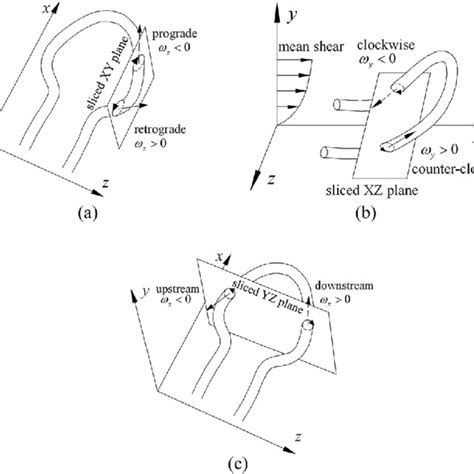 schematics of vortex orientation in three orthogonal planes for