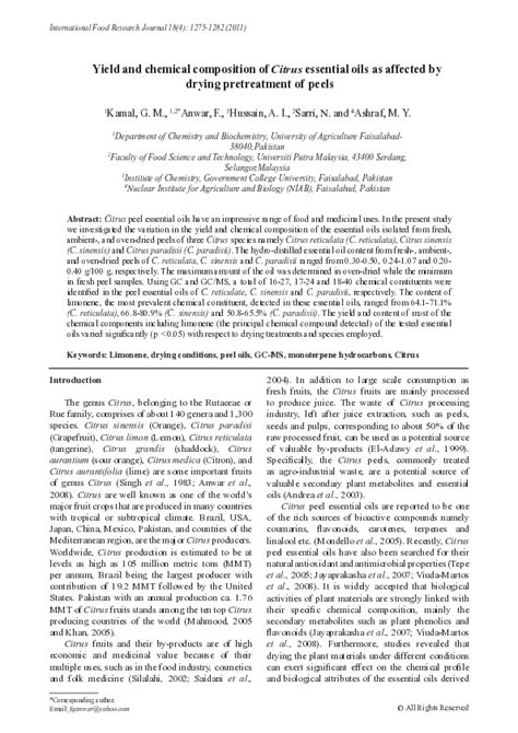 Pdf Yield And Chemical Composition Of Citrus Essential Oils As