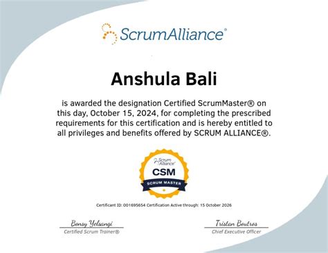 Scrummaster Agile Scrumalliance Continuouslearning Certification Anshula Bali