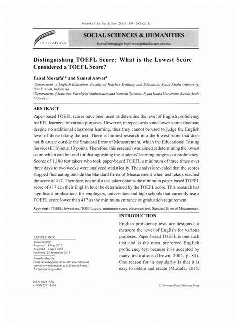Pdf Distinguishing Toefl Score What Is The Lowest Score Considered A