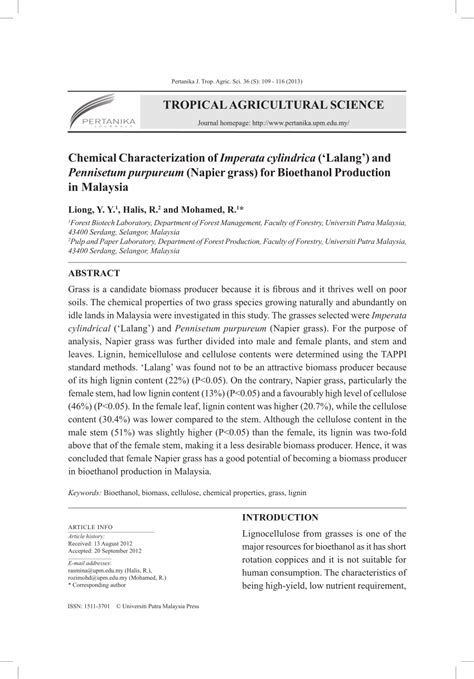 Pdf Chemical Characterization Of Imperata Cylindrical `lalang` And Pennisetum Purpureum