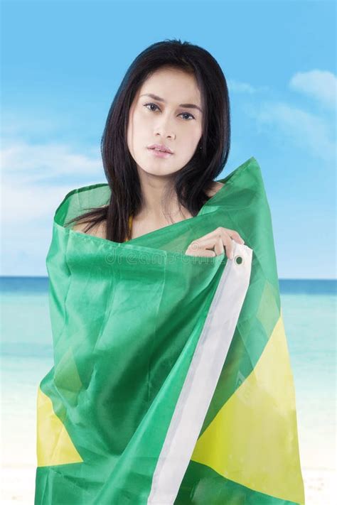 Girl Covering Her Body With Brazilian Flag Stock Image Image Of